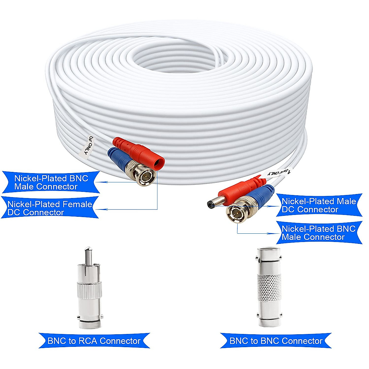 Aimyzii BNC Cable 200ft 4 Pack BNC Video Power Cable,Security Camera Cable for CCTV Camera DVR Security Systems(Included 8X BNC Adapters,100 Pcs Cable Clips)-White