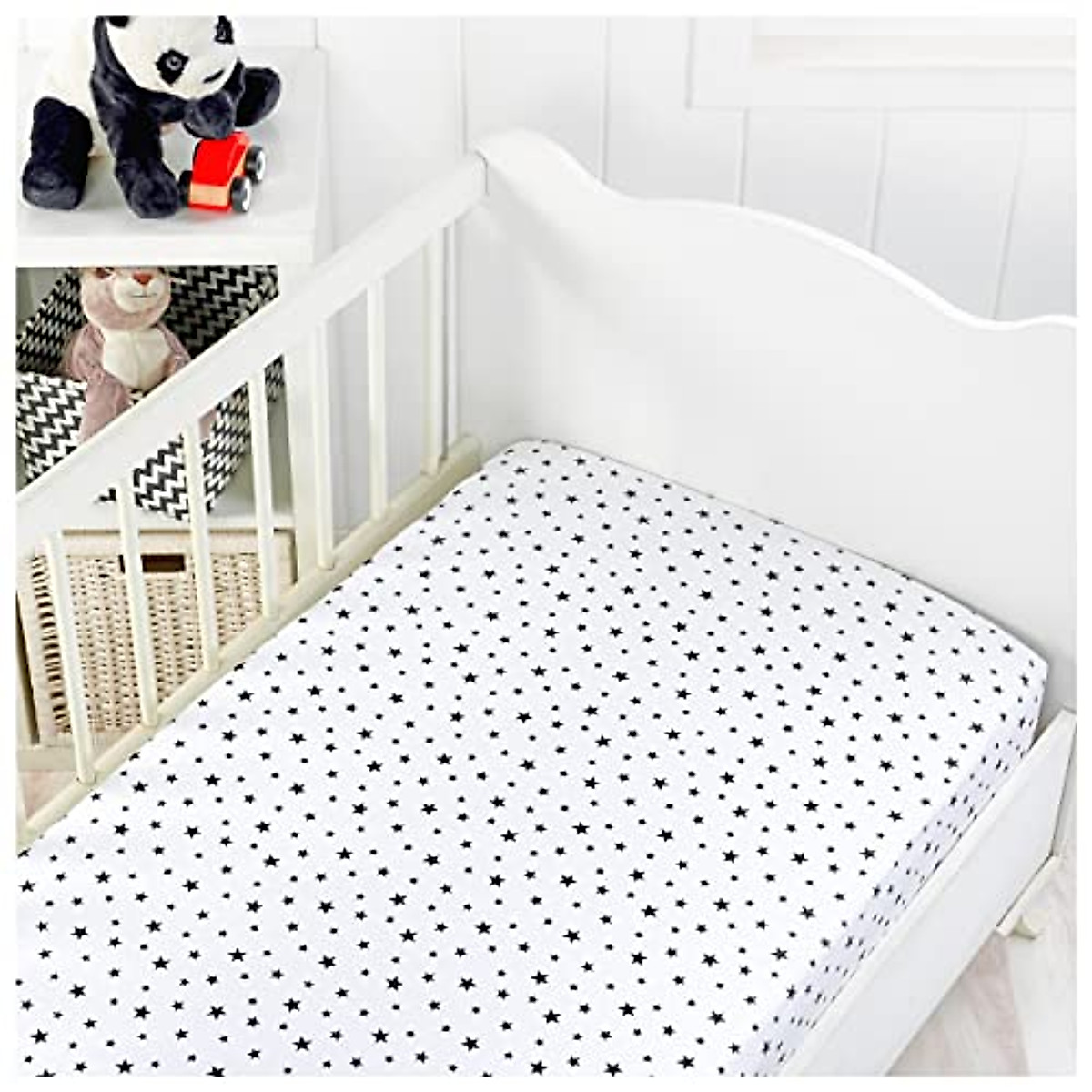 Handywa - 100% Cotton 2 Pack Fitted Crib Sheet Set for Baby and Toddler Bed Mattresses - Green Cactus and Black Stars for Boy or Girl Nursery