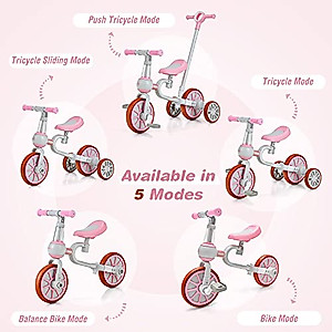 OLAKIDS Toddler Tricycle, 5 in 1 Kids Trike for Age 2-4 with Push Handle, Baby Bike with Adjustable Seat and Handle, Removable Pedal and Training Wheels for Boys Girls Toy Gift (Pink)