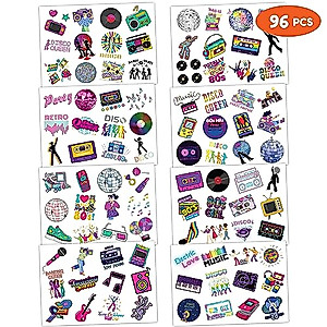 8 Sheets (96PCS) Disco Temporary Tattoos Birthday Party Decorations Supplies Tattoos Stickers Cute Party Favors Kids Girls Boys Gifts Classroom School Prizes Themed