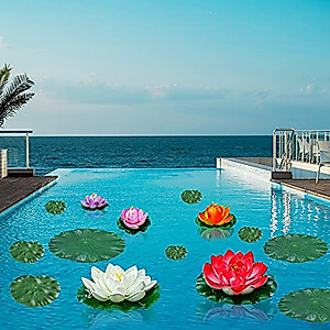 WhistenFla Artificial Lily Pads for Pond, 11in & 6in Artificial Flowers Floating Foam Lotus Flower with Fake Lily Pads, for Pool Garden Koi Fish Pond Aquarium Pool Wedding Decor, 14PCS