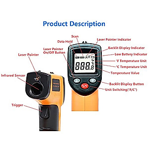 Infrared Thermometer Temperature Gun, Digital Thermometer Non-Contact Laser Infrared Ir Thermometer Gun(Not for Human) -58℉～752℉(-50℃～400℃) - Cooking Gun, Freezer Oven Thermometer