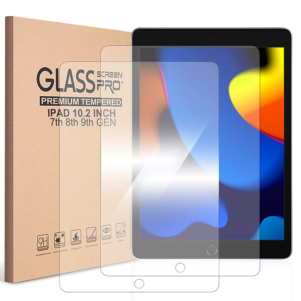 KIQ 2 Pack Tempered Glass Screen Protector for iPad 9th 8th 7th Generation (10.2 Inch, iPad 9/8/7, 2021/2020/2019) Film Guard, Case Friendly Apple Pencil Compatible
