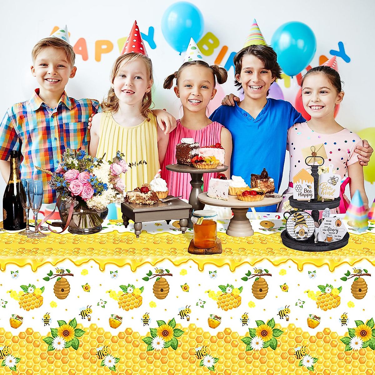 4 Pack Bee Tablecloth Happy Bee Day Tablecloths Rectangle Honey Bees Bumble Table Cover Bee Theme Party Tablecloth for Bee Baby Shower Bee Birthday Party Decorations 51 x 86 Inch