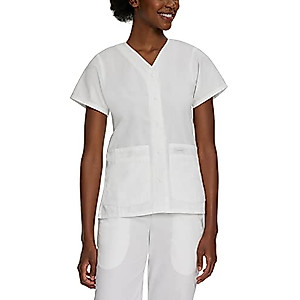 Landau Essentials Relaxed Fit 4-Pocket V-Neck Scrub Top for Women 8232, White, Medium