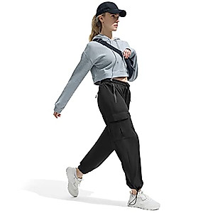 FARUNGS Quick Dry Cargo Pants Lightweight Tactical Hiking Pants with 5 Pockets for Women,Stretchy Waist and Water Resistant Black