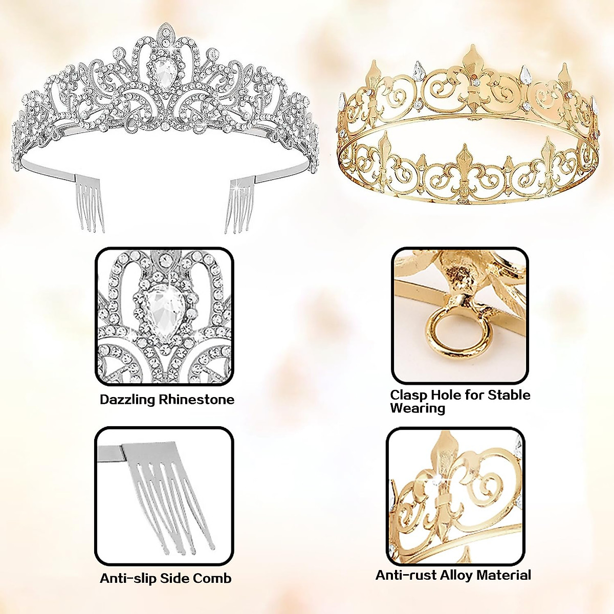 4 Pcs Prom King and Queen Crown Set with Sashes Prom King and Queen Sashes Suit Shiny Satin Prom Crowns Tiara Sash for Prom Birthday Wedding School Graduate Party Favors