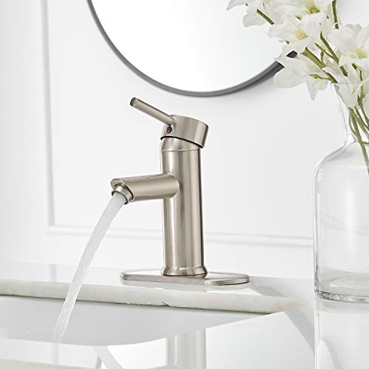 Greenspring Brushed Nickel Bathroom Faucet Single Hole Single Handle Aerator Spout Saving Water Lavatory Vanity Sink Faucet Matching Pop Up Drain with Overflow Mixer Tap Supply Line Lead-Free