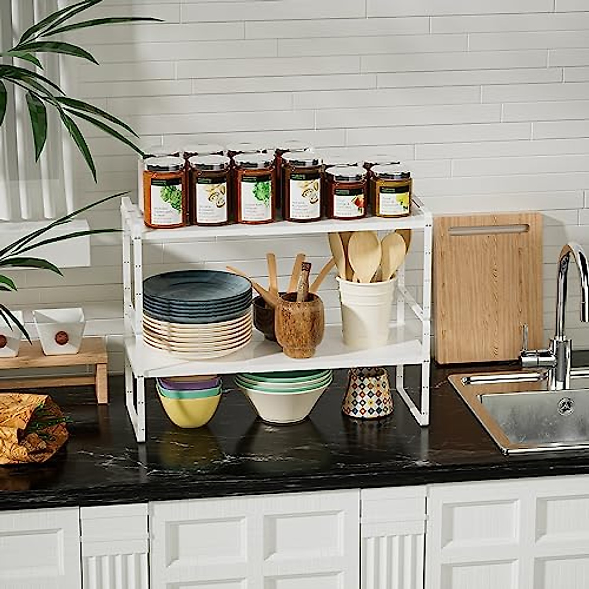 Slideep Expandable Cabinet Shelf Organizer Rack,Large Kitchen Cabinet Organizer Stackable Counter Shelf Organizer large Expandable Shelves, Counter Pantry Storage Organization, White, 3 pack