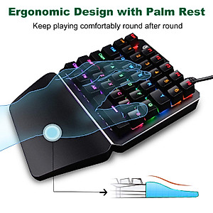 Kinoth One Handed Mechanical Gaming Keyboard with Blue Switches, RGB LED Backlit, 35 Keys, Quick Responsive Gaming Keypad with Wrist Rest, USB Wired Half Keyboard for LOL/PUBG for Mac/Window/PC Gamer