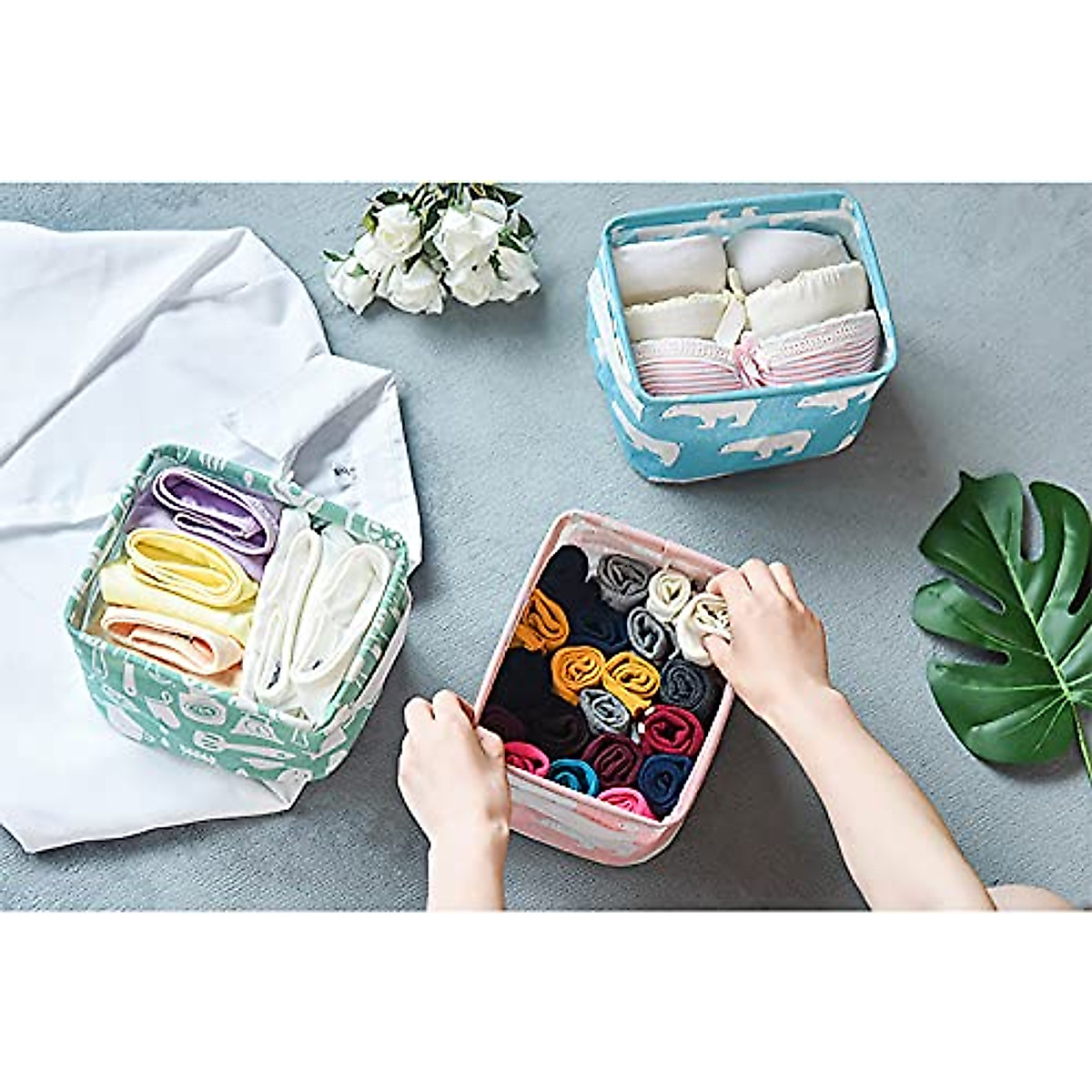 Lawei 9 Pack Mini Canvas Storage Bins - Collapsible Canvas Shelf Basket Nursery Organizer Boxwith Handles for Nursery Kids Bathroom Home Office