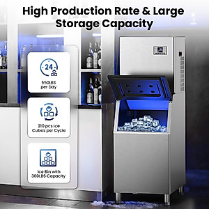 Commercial 550Lbs/24H Ice Maker Machine,Ice Ready in 5-15 min,360Lbs Large Storage,1033W Stainless Steel Electric Nugget Ice Machine with Water line Hook up,12 Steps Ice Thicknesses Adjustable