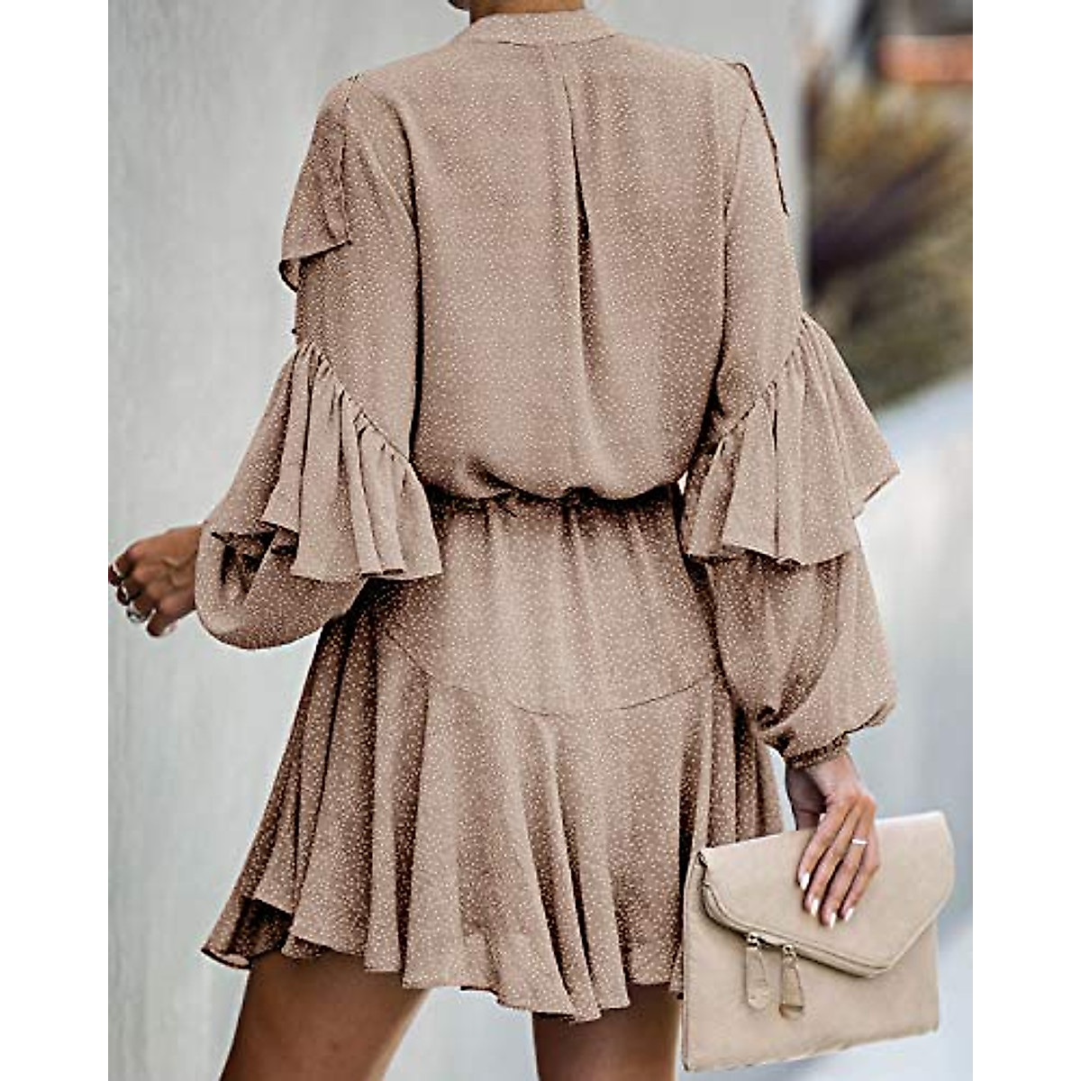 MITILLY Women's Elegant Long Sleeve Dresses V Neck High Waist Ruffle Loose Flowy Party Mini Dress with Belt Large Khaki
