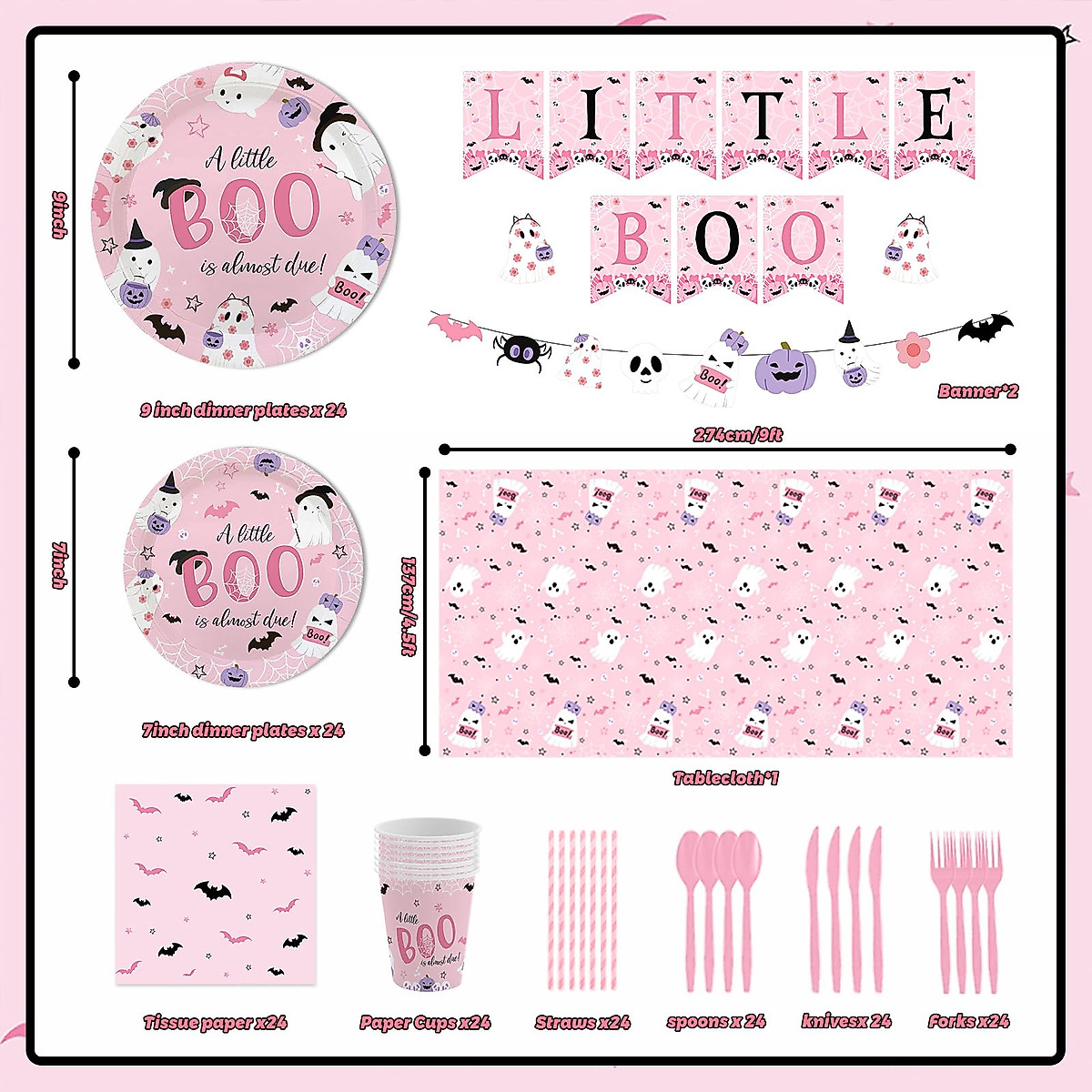 MEHOFOND Pink Halloween Baby Shower Decorations for Girl, Little Boo Disposable Dinnerware with Banner, Ghost Bat Pumpkin Baby Shower Plates and Napkins Set, Paper Plates Cups Party Supplies, Serve 24