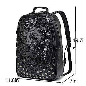 kiisy 3D Lion Laptop Backpack Unique Designer PU Leather Fashion Travel Rivet Punk Backpack (black)