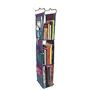 LockerWorks 3 Shelf Adjustable Hanging Locker Organizer, 20-38" Tall x 6" Wide x 9" Deep, Shelves 12"-14" Tall, Hangs from Shelf, Hooks or Rod to Create Storage Space. Purple with Teal Trim