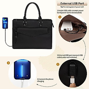 Laptop Tote Bag for Women, 17 Inch Laptop Bag Waterproof Leather Computer Tote Bag, Large Work Bag with USB Charging Port, Womens Laptop Briefcase Business Office Handbag Work Shoulder Bag, Black