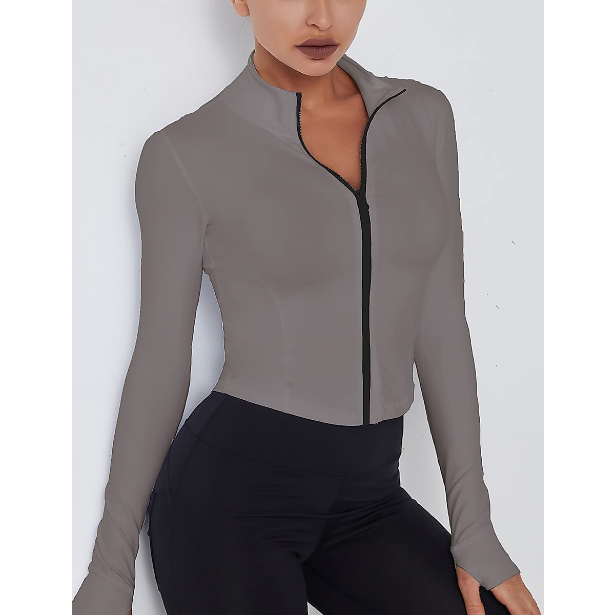 Fenclushy Womens Cropped Slim Athletic Yoga Workout Track Sports Zip Up Jacket with Thumb Holes(khaki,S)