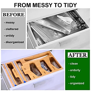 Ziplock Bag Organizer - 6 in 1 Wrap Dispenser with Cutter and Labels, Bamboo Reusable Baggies Dispenser Container, Storage Organizer for Kitchen Drawer, Compatible with Gallon, Quart, Sandwich & Snack