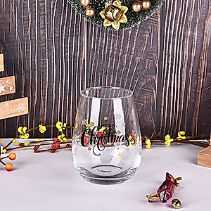 Modwnfy Funny Christmas Gifts for Women, Merry Christmas Wine Glass, Xmas Stemless Wine Glass for Mom Women Friend Coworker Family, Gift Idea on Christmas Wedding Birthday Baby Shower Party, 15 Oz