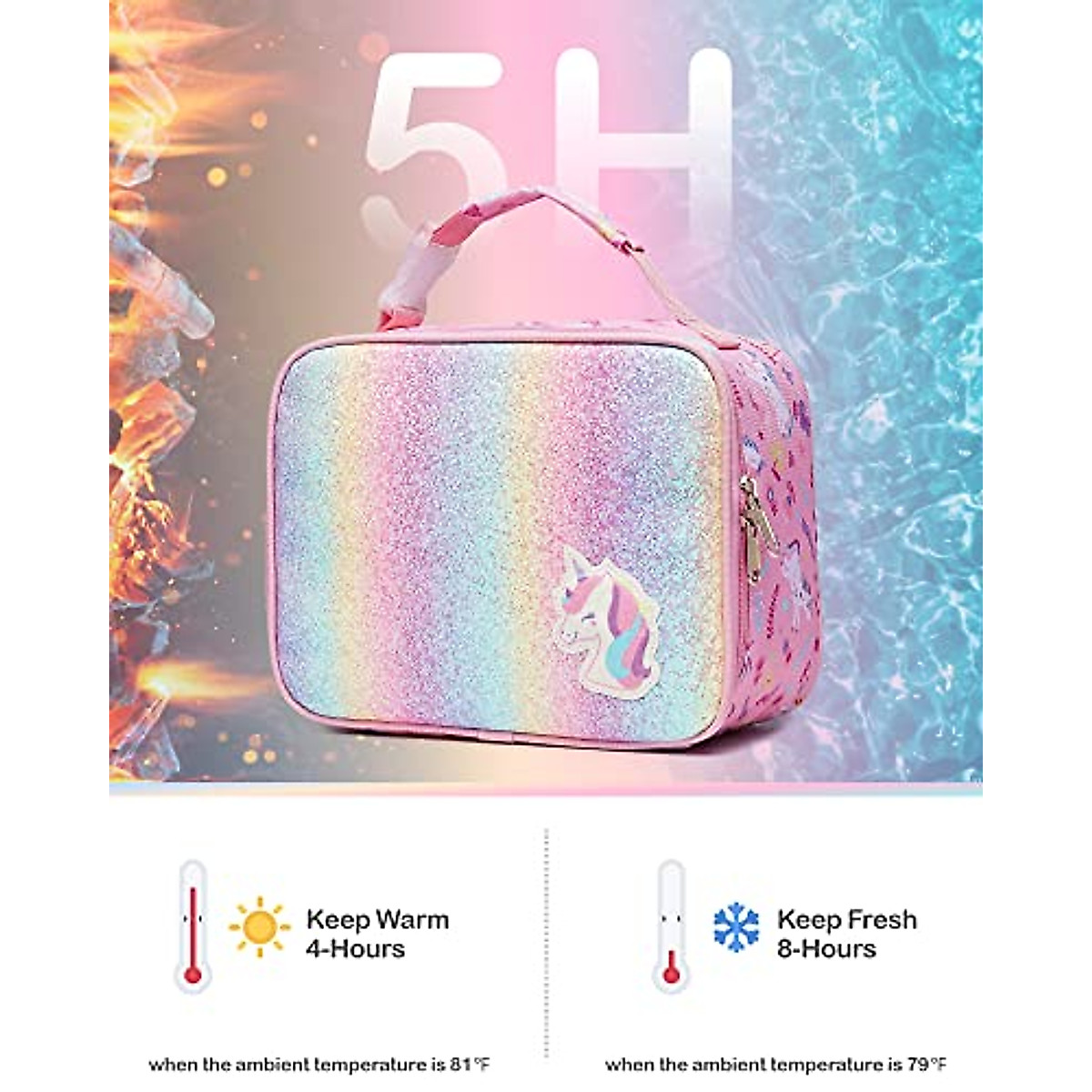 Bagseri Kids Lunch Box Insulated - Lunch Bag for Girls with Buckle Handle - Portable Reusable Toddler Leak-proof Lunchbox for School and Daycare, Pink Glitter, Unicorn