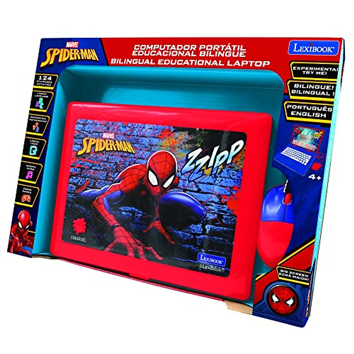 LEXiBOOK JC598SPi4 Marvel Spiderman-Educational and Bilingual Laptop Portuguese/English-Girls Toy with 124 Activities to Learn, Play Games and Music with Elsa & Anna-Blue/Red