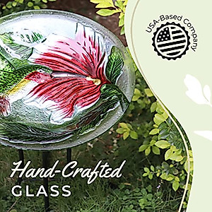 Grateful Gnome Hand-Painted Glass Bowl Bird Bath w/Solar Fountain - Red Ruby Flower Design