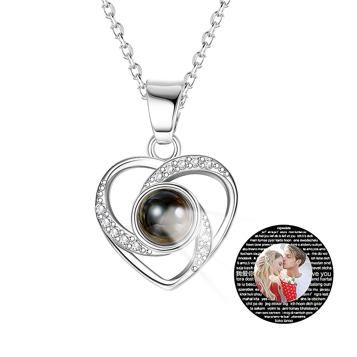 Jewenova 925 Sterling Silver Photo Projective Necklace, Custom I Love You Necklace 100 Languages Heart Photo Necklace, Personalized Gift for Women