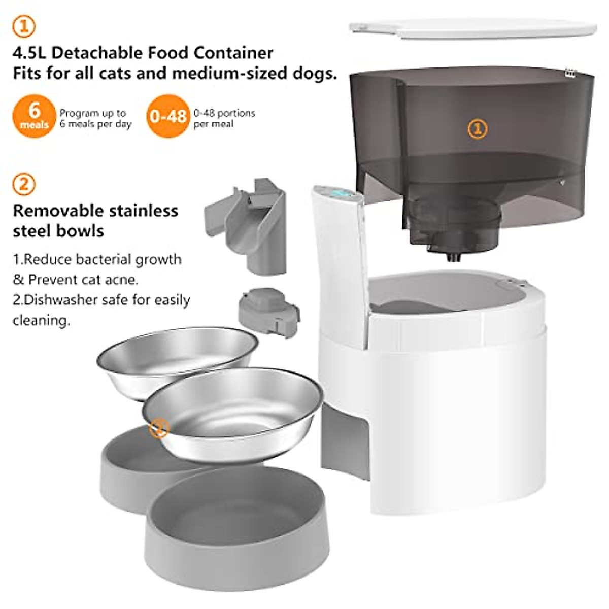 HoneyGuaridan Automatic Cat Feeder for 2 Cats&Dog, Pet Food Dispenser Timed Cat Feeder, Portion Control, Distribution Alarms and Voice Recorder 1-6 Meals per Day - 2 Stainless Steel Bowl