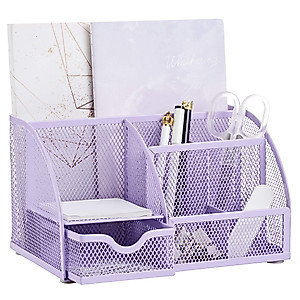 Annova Mesh Desk Organizer Office with 7 Compartments + Drawer/Desk Tidy Candy/Pen Holder/Multifunctional Organizer - Light Purple / Lavender