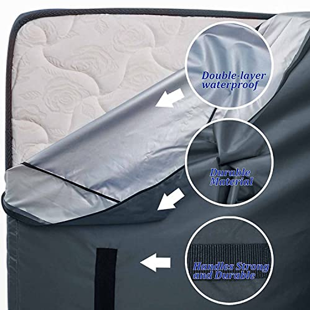PAMYO King Mattress Bag for Storage Moving Protector, Waterproof Reusable Mattress Cover with Heavy Duty 8 Handles Water Resistant Zipper Closure and 2 Adjustable Straps, Gray
