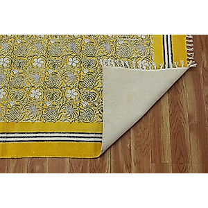 Casavani Indian Handmade Cotton Dhurrie Oriental Yellow & Beige Area Rug Boho Kilim Flat Weave Rug Indoor Hall Room Decor Carpet Throw Rugs for Bedroom Living Room Bathroom Balcony 4x10 Feet Runner