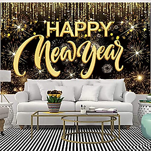 Happy New Year Hanging Extra Large Fabric Sign Poster Background Banner with Firework Pattern for New Year Party Decorations