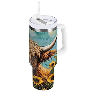 Nesatuwa 30 oz Sunflowers Highland Cow Tumbler with Handle and Straw Lid,Reusable Stainless Steel Vacuum Insulated Tumbler Leakproof Travel Coffee Mug for Iced and Hot Beverages