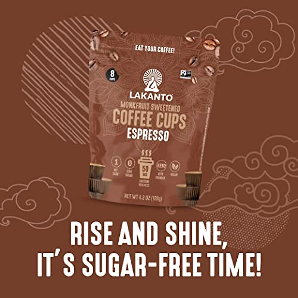 Lakanto Sugar Free Espresso Coffee Cups - Sweetened With Monk Fruit Sweetener and Erythritol, Eat Your Coffee, On the Go, Dark Roast, Keto Diet Friendly, Vegan (Espresso - 8 Cups - Pack of 1)