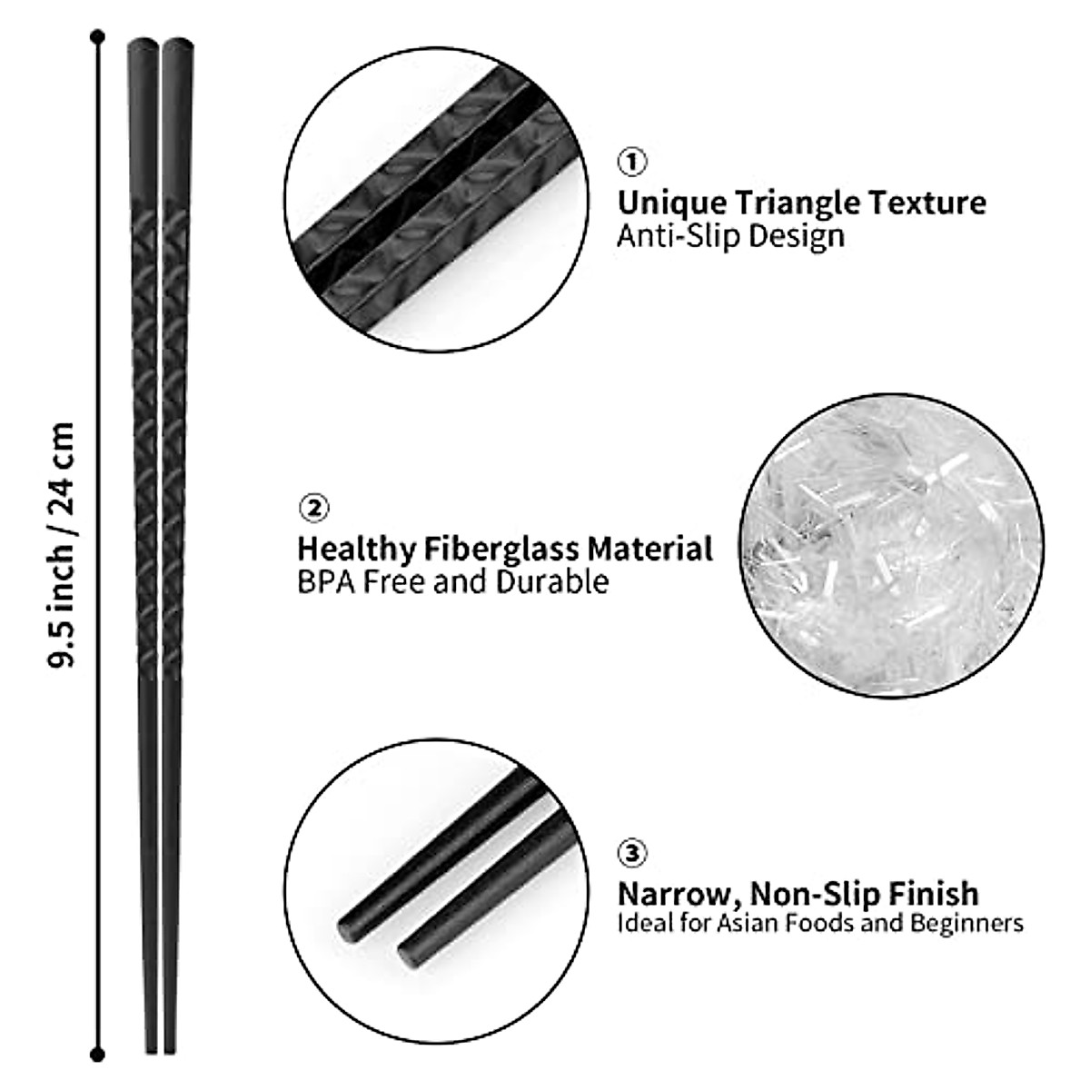 Ohtomber Black Fiberglass Chopsticks Reusable - 10 Pairs 9.5 Inch Chop Sticks Pack Reusable Dishwasher Safe, Japanese Style Non-Slip chopstick