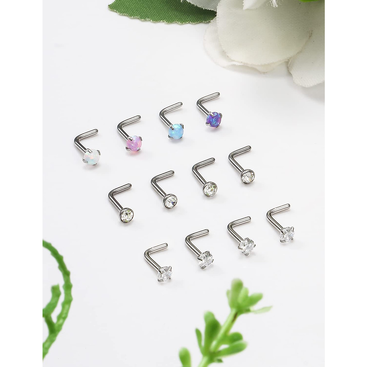 Cisyozi 22G Nose Rings Studs for Women Men Stainless Surgical Steel Silver L Shaped Bent Nose Nostril Rings Stud Set Piercing Jewelry for Women Men 1.5mm Diamond CZ Opal