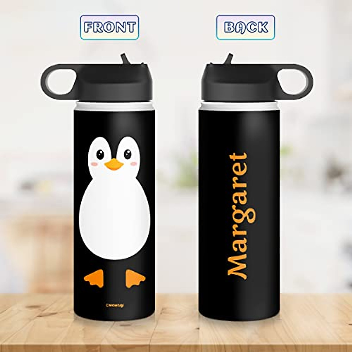 wowcugi Personalized Penguin Kids Water Bottle 12oz 18oz 32oz Insulated Stainless Steel Travel Cup Bottles Birthday Christmas Custom Gift For Kids Women Men Penguins Lovers