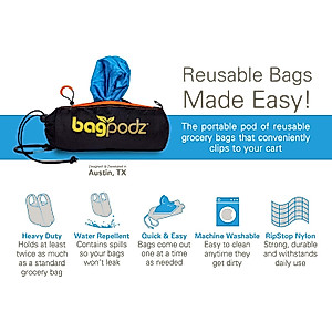 BagPodz Reusable Shopping Bags Inside a Compact Pod with Carry Clip RipStop Nylon Holds 50lbs Very Sturdy, 5 Pack in Blue