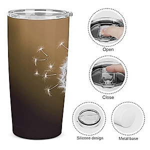 FHENMSA Stainless Steel Insulated Travel Coffee Mug,Blown Dandelion Blossom Print Reusable Car Cup,Thermal Cup for Outdoor with Straw And Lid
