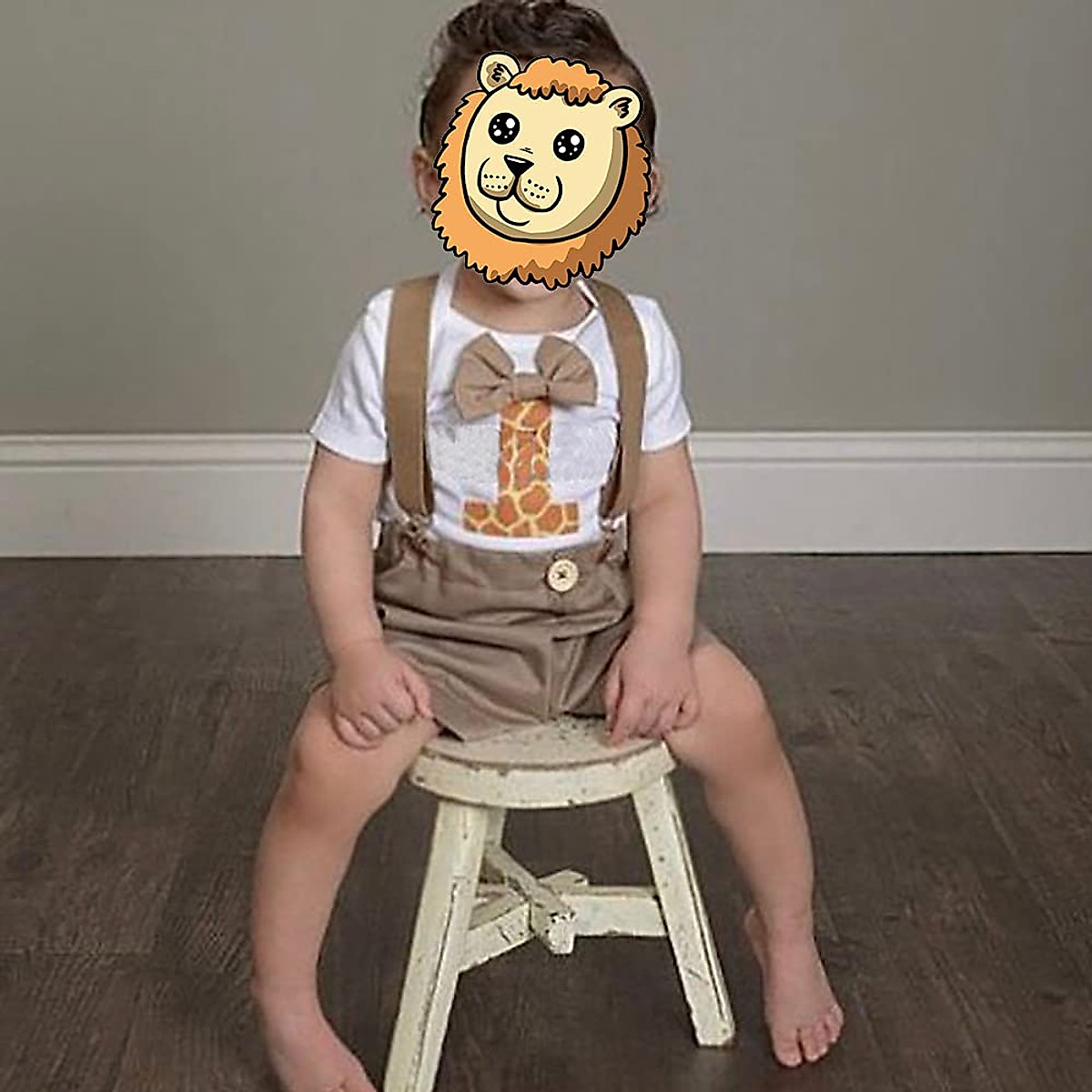 Cake Smash Outfit Boy 1st First Birthday Baby Jungle Theme Wild One Bow Tie Romper+Shorts+Y-Back Suspenders 3PCS Wedding Baptism Gentleman Formal Party Clothes Photo Props Khaki 12 Months