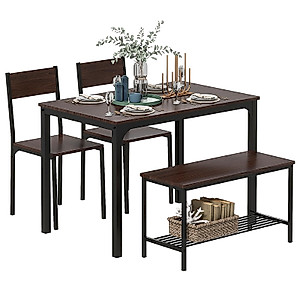 SogesGame Dining Table Set for 4, 43" Dining Room Table with Bench and 2 Chairs, 4 Pieces Modern Kitchen Table Set for Breakfast Nook, Dinette, Kitchen and Dining Room, Dark Walnut
