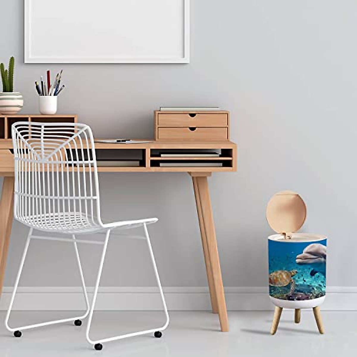 Small Trash Can with Lid Dolphin and Turtle Underwater on Reef 7 Liter Round Garbage Can Elasticity Press Cover Lid Wastebasket for Kitchen Bathroom Office 1.8 Gallon