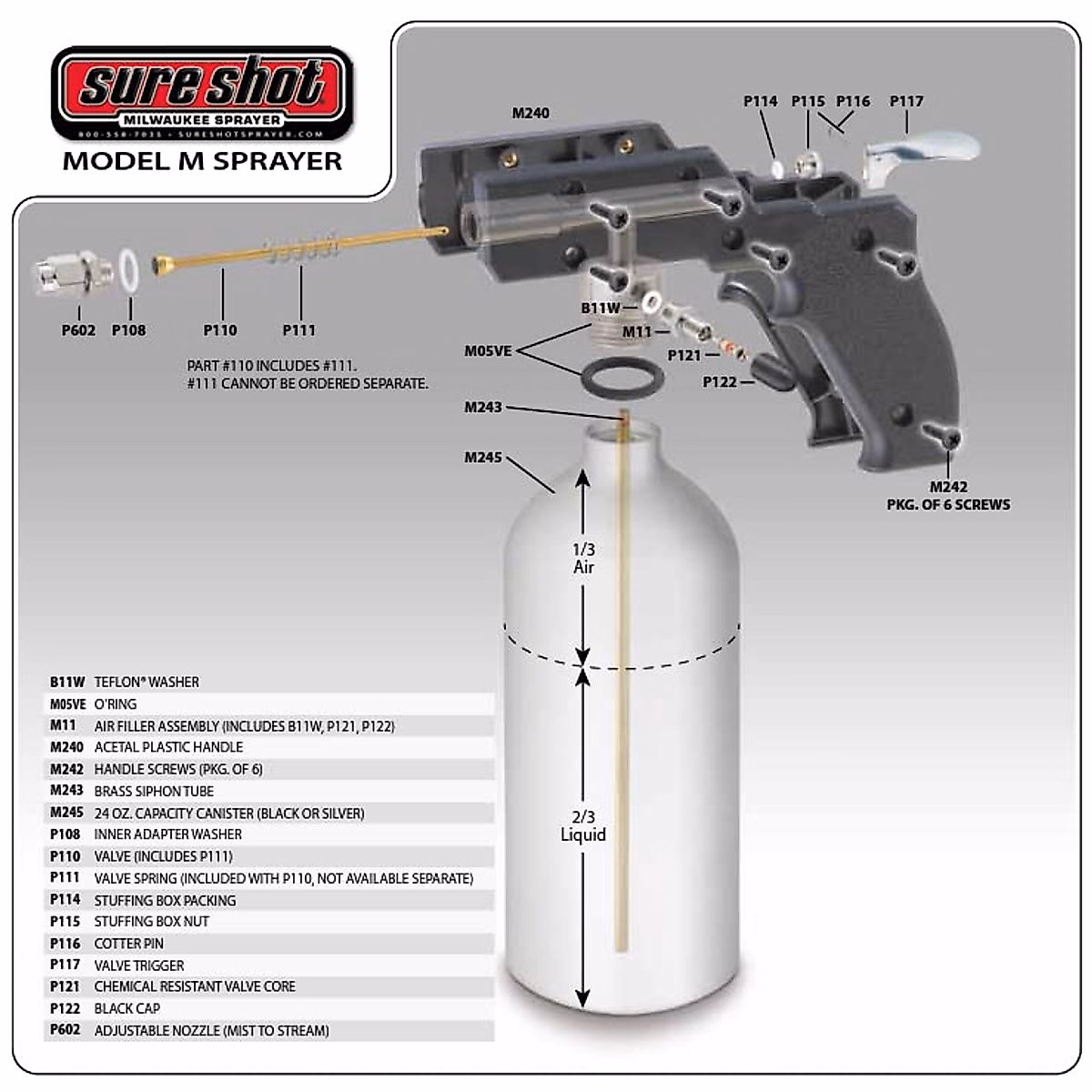Sure Shot M2400 - Industrial Grade Silver Anodized Aluminum Sprayer with Adjustable Nozzle - Lightweight and Portable Compressed Air Sprayer for Water, Solvent, and Oil-Based Materials - Made in USA Since 1932