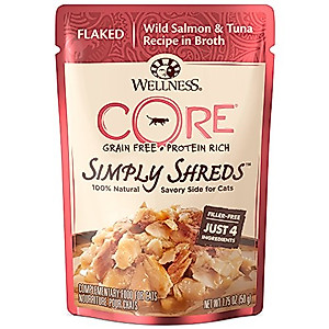 Wellness CORE Simply Shreds Natural Grain Free Wet Cat Food Mixer Or Topper, Shredded Wild Salmon & Tuna in Broth, 1.75-Ounce Pouch (Pack of 12)