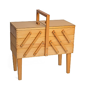 Hobbygift Wooden Cantilever 3 Tier Sewing Box with Legs: Light Wood Shade, 82.5x22x44.5 cm