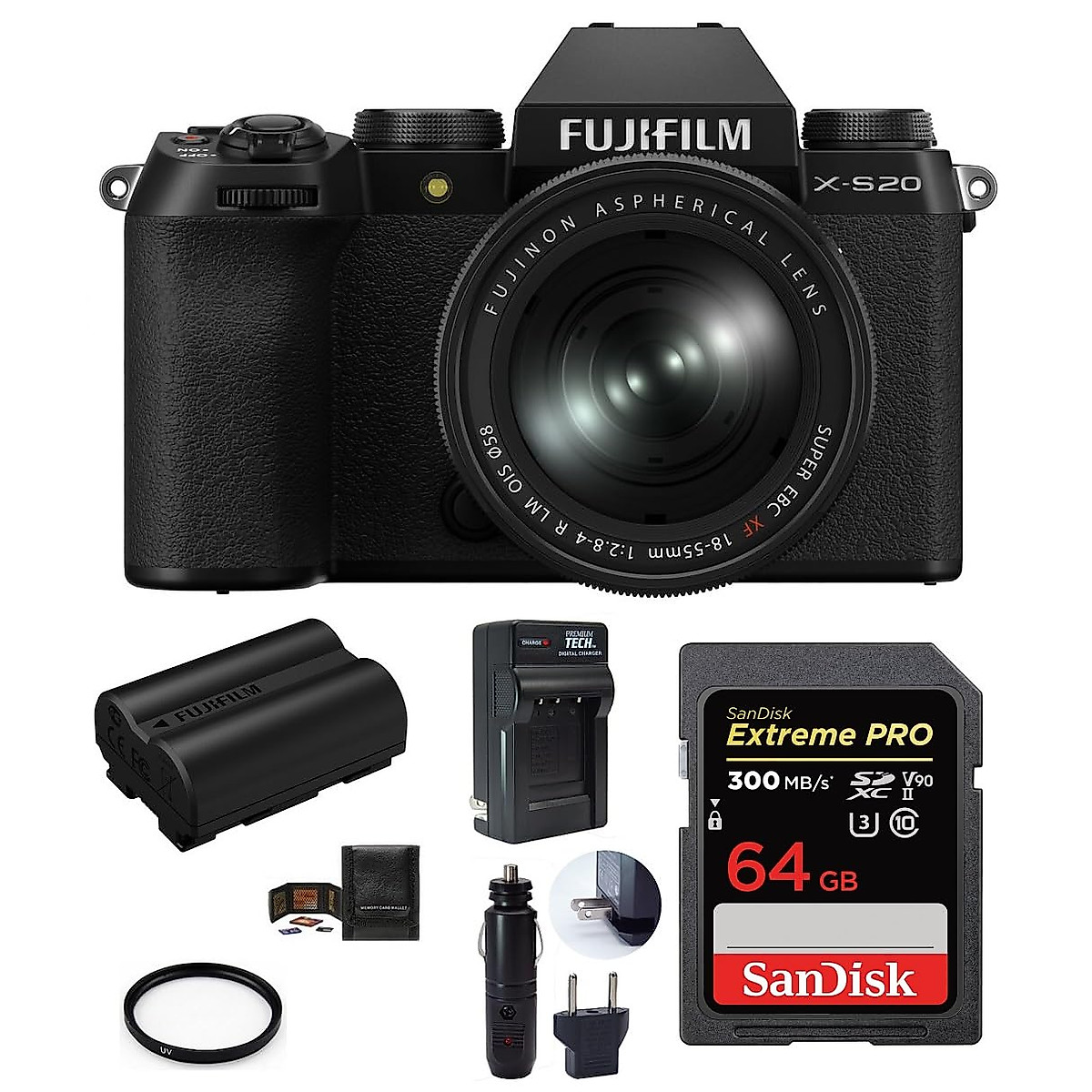 FUJIFILM X-S20 Mirrorless Digital Camera with 18-55mm Lens Bundle, Includes: SanDisk 64GB Extreme PRO UHS-II SDXC Memory Card, Spare Fujifilm Battery and More (6 Items)