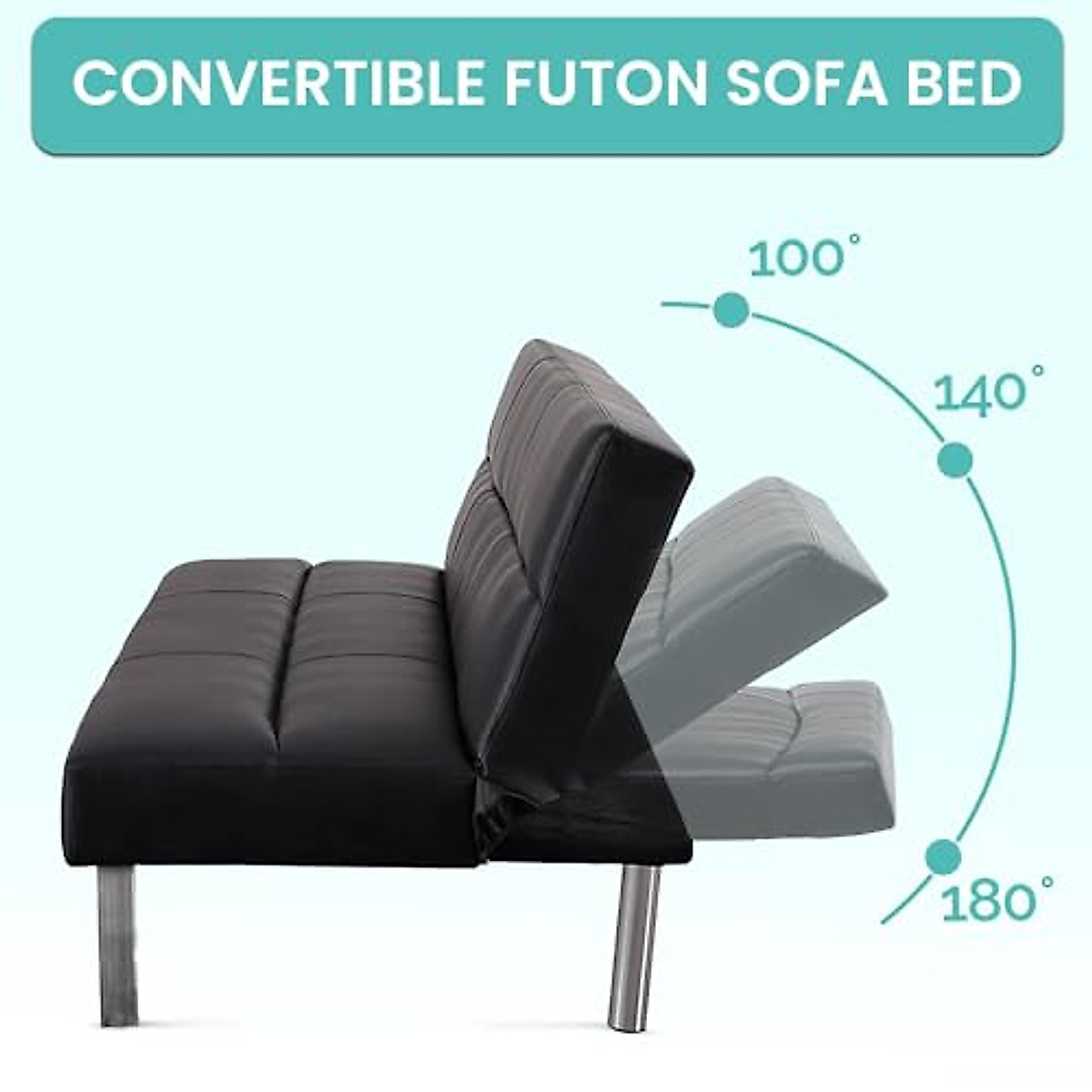 Naomi Home Black Faux Leather Futon Sofa Bed, 66"W x 31"D x 28.3"H, 3-Position Reclining, 500 lbs Weight Capacity