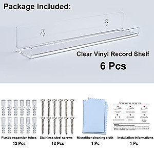 XOHYW Clear LP Vinyl Record Wall Mount Shelf, 6 Pack 12 inch Acrylic Album Record Holder Display Rack, Floating Shelves Perfect for Style Office Home