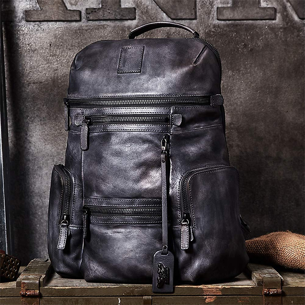 Denny&Dora Genuine Leather Backpack Luxury Vintage Laptop Bag Bookbag Mens Casual Travel Daypack Large Capacity (Grey)